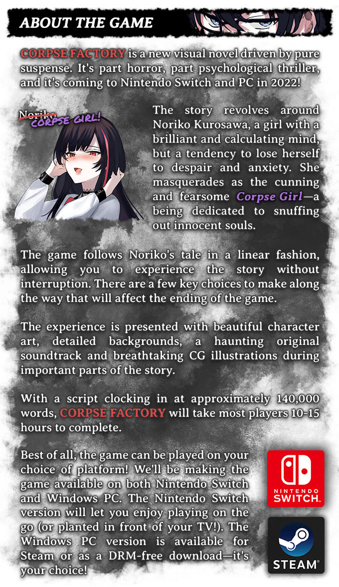 CORPSE FACTORY Visual Novel - Nintendo Switch & PC | Indiegogo